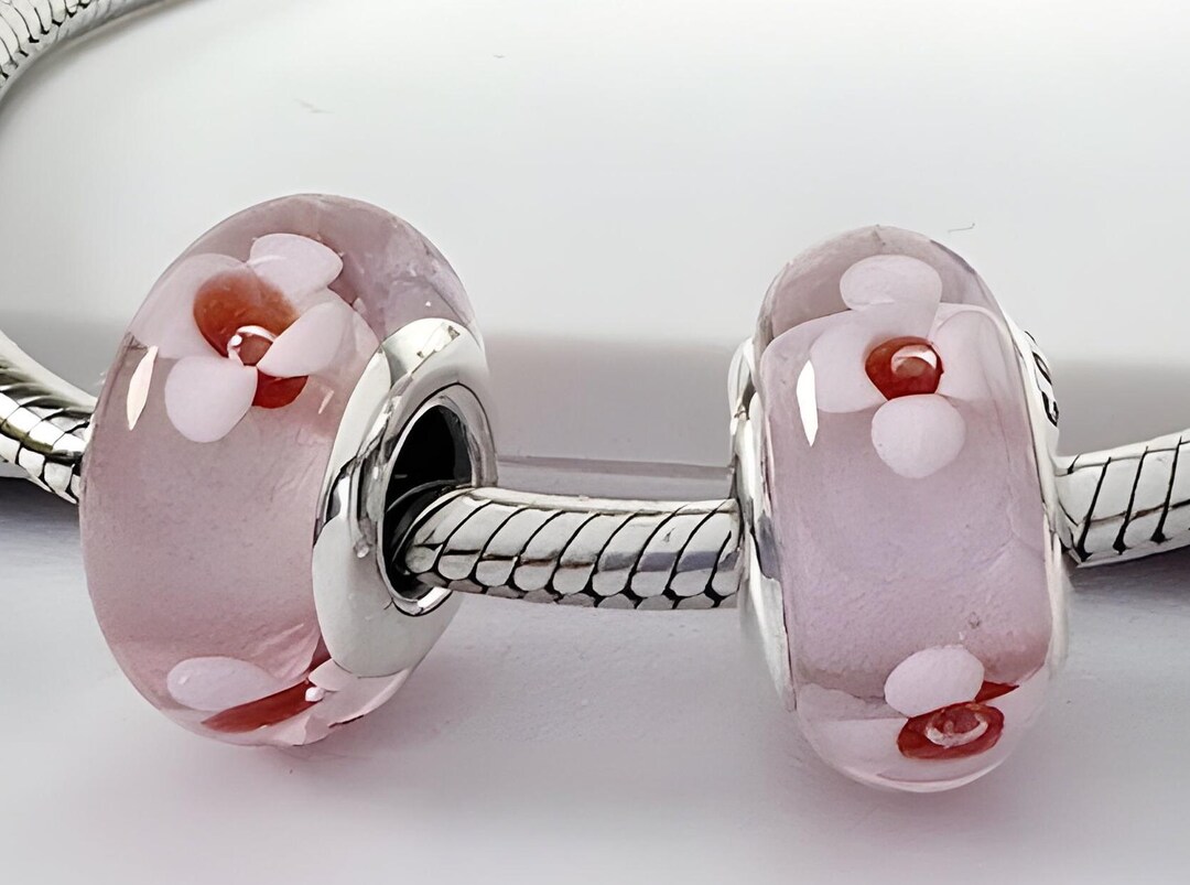 2 Charms for Pandora Murano Pink and White Hibiscus Flowers 925 ...