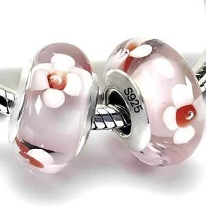 2 Charms for Pandora Murano Pink and White Hibiscus Flowers 925 ...