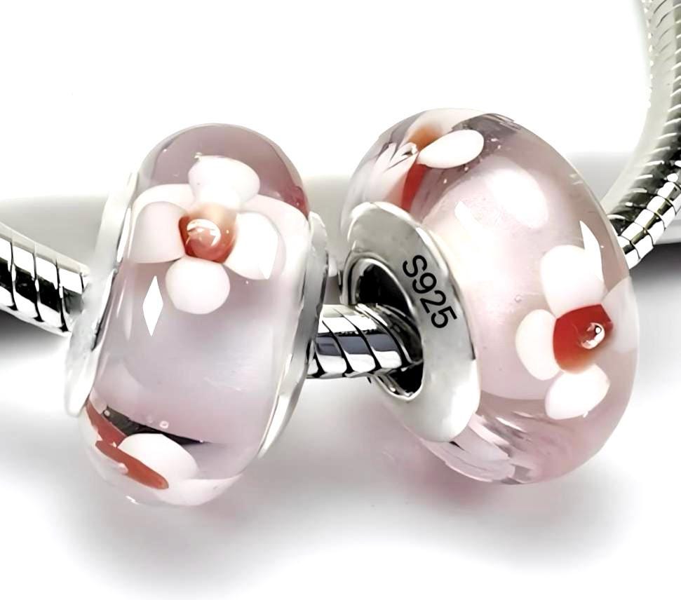 2 Charms for Pandora Murano Pink and White Hibiscus Flowers 925 ...