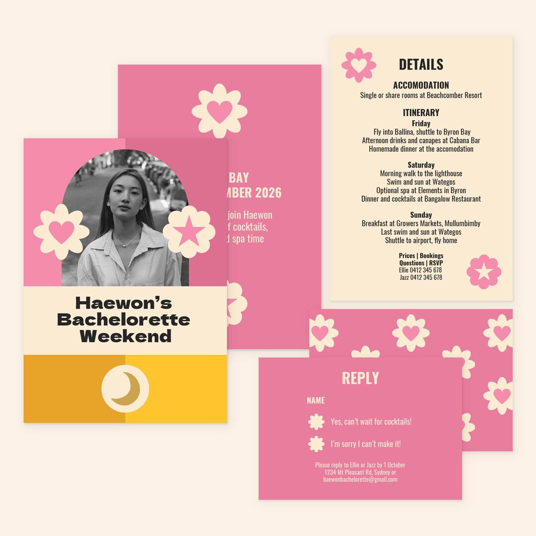 Cute Bachelorette Hens Weekend Invite | Itinerary Location Invitation ...