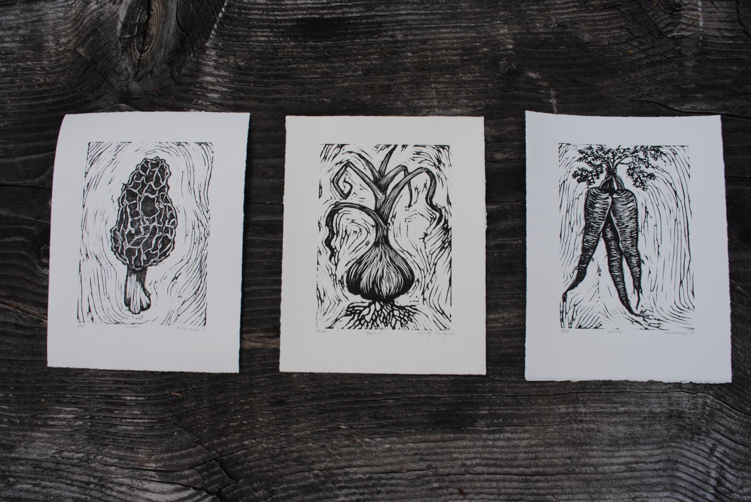 Vegetable Linoleum Block Prints - Garlic, Carrots, Morel, Beet - Etsy