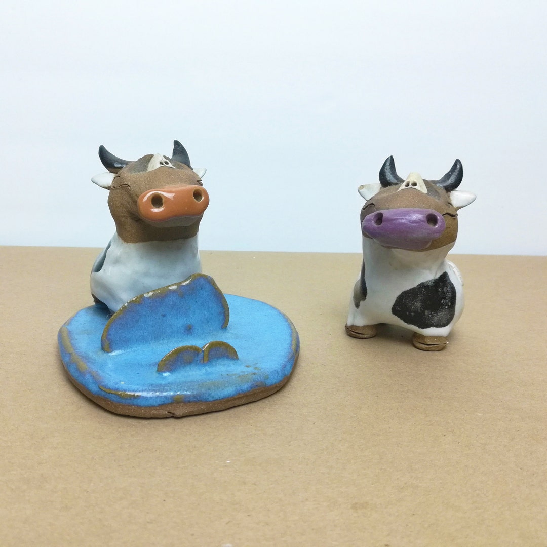 Cow Figurines Handmade Clay Animals Business Card Holder Home Office ...
