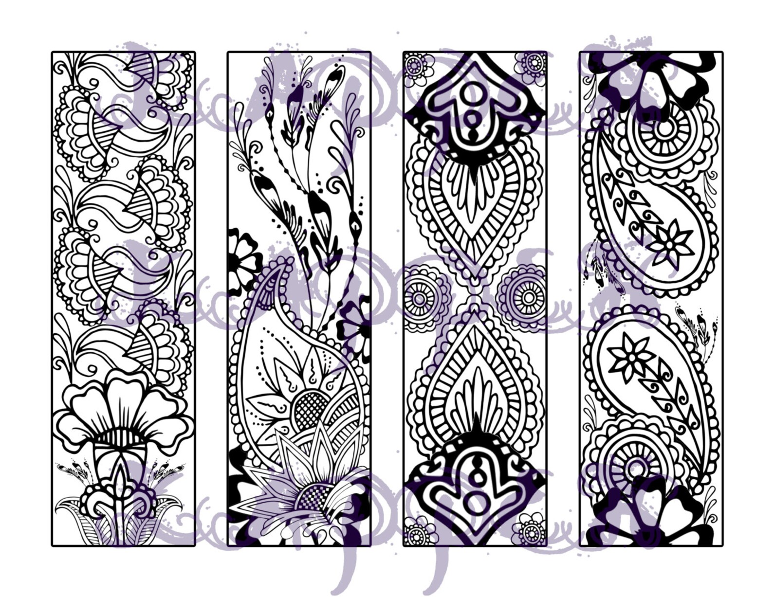 Printable Coloring Page - Floral Henna Bookmark Design X4 - PDF ...