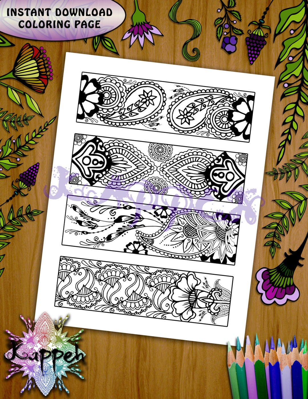 Printable Coloring Page - Floral Henna Bookmark Design X4 - PDF ...