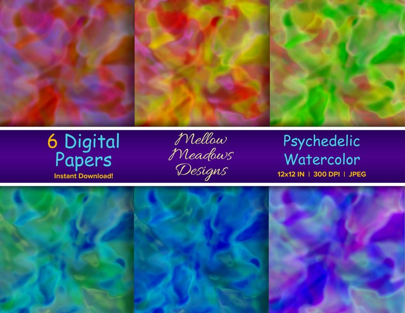 Printable Digital Paper - Psychedelic Watercolor Design X6 - 12x12 ...