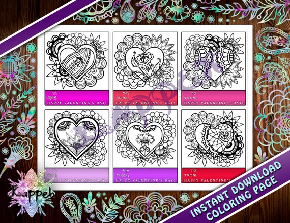 Printable Coloring Page Valentine's Day Cards set of 6 | Etsy