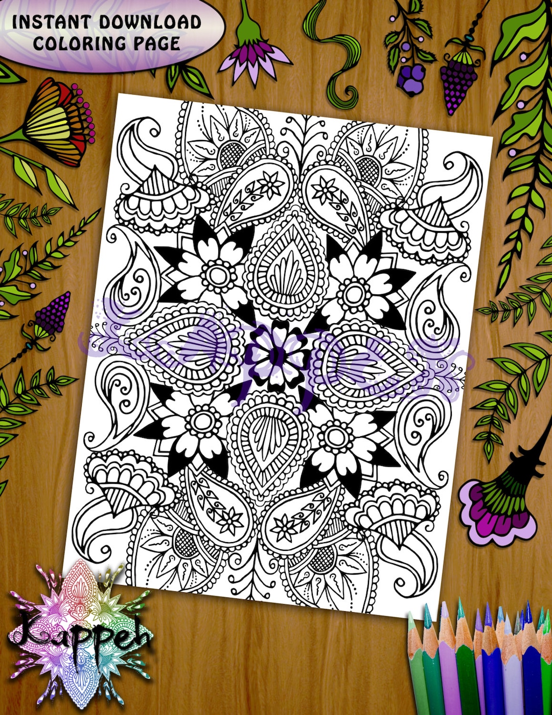 Printable Coloring Page - Henna Floral Design - PDF Download - Etsy