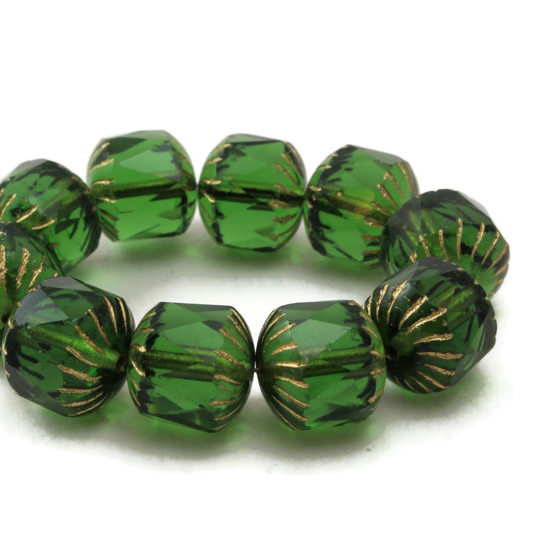 Czech Glass Center Faceted Cruller Beads - Tourmaline Green Transparent ...