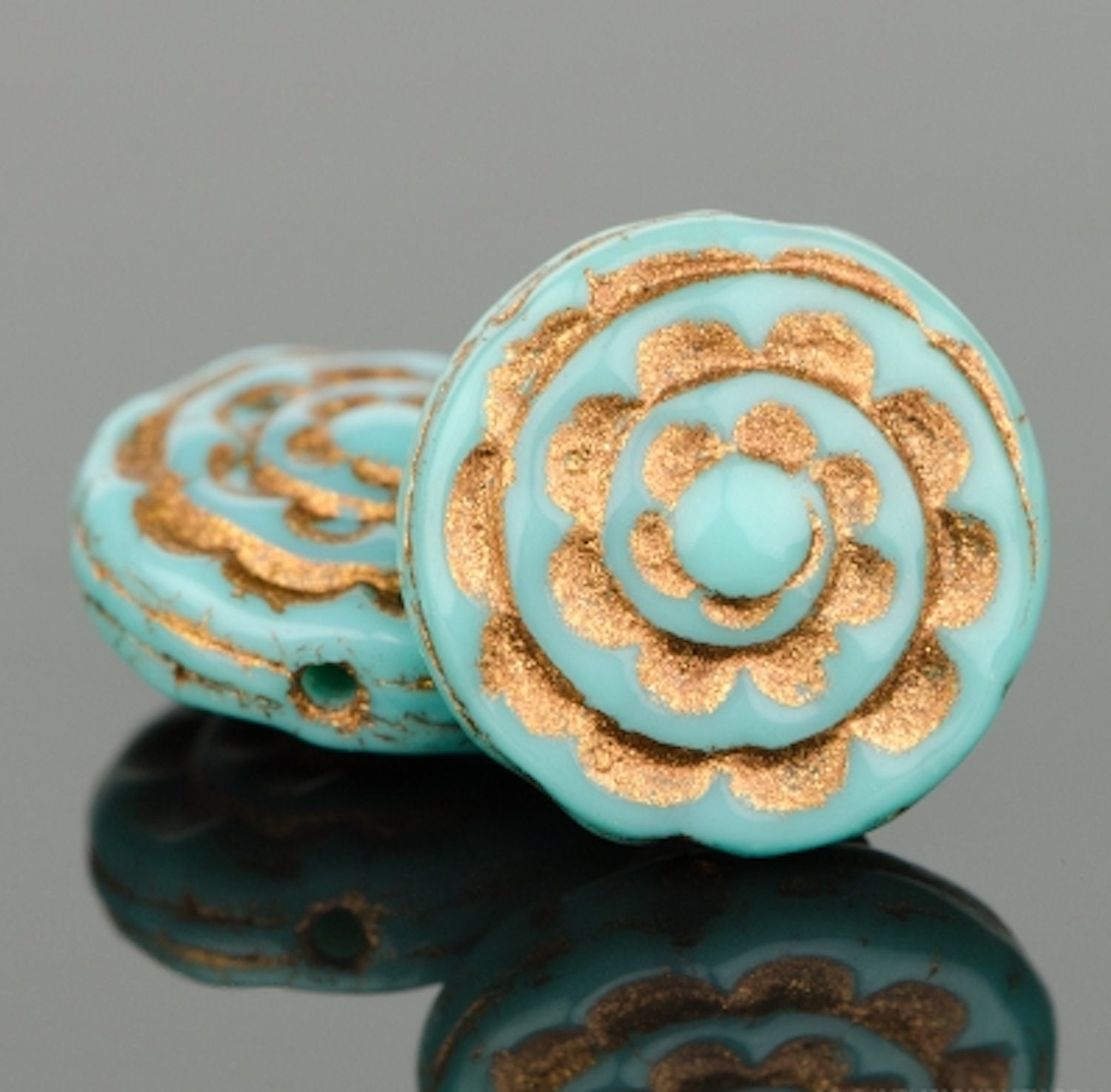 Czech Glass Sepal Spiral Beads - Turquoise Opaque With Dark Bronze Wash ...
