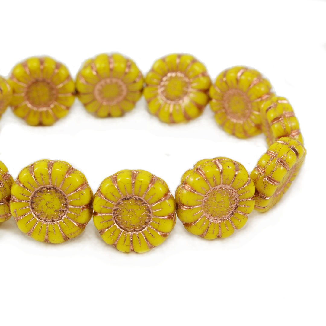 Czech Glass Sunflower Beads - Yellow Opaque With Copper Wash - 13mm - 6 ...