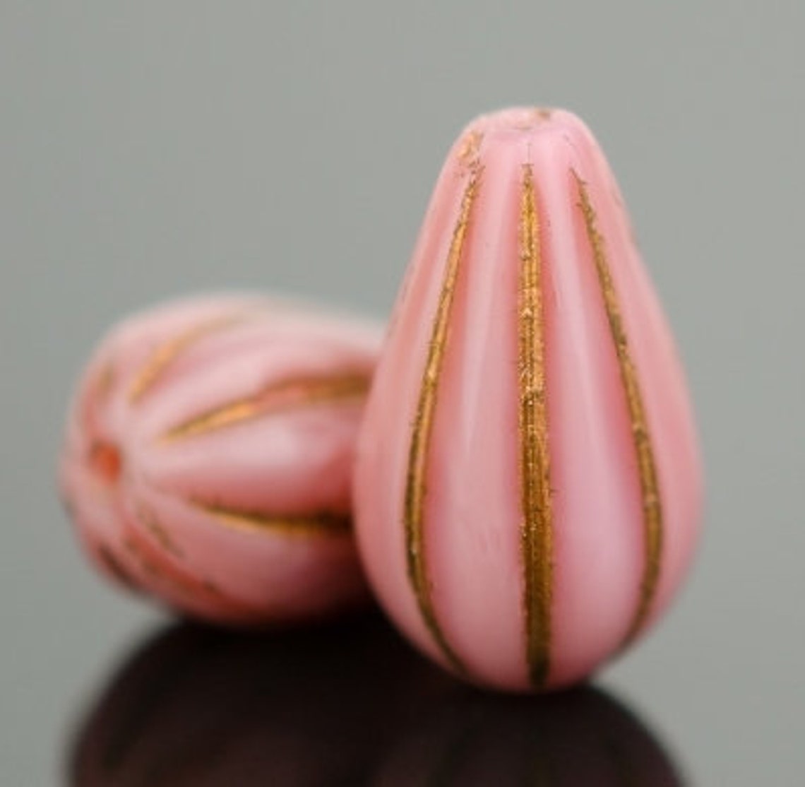 Czech Glass Tear Drop Dangle Melon Beads - Pink Silk With Dark Bronze ...