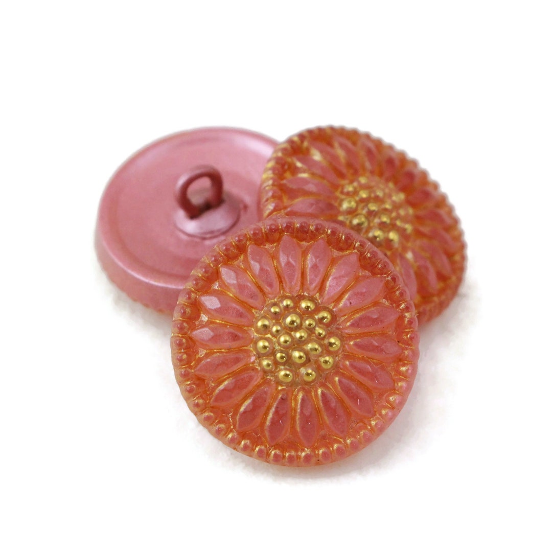 Czech Glass 18mm Sunflower Button - Tourmaline Pink With Gold Wash and ...