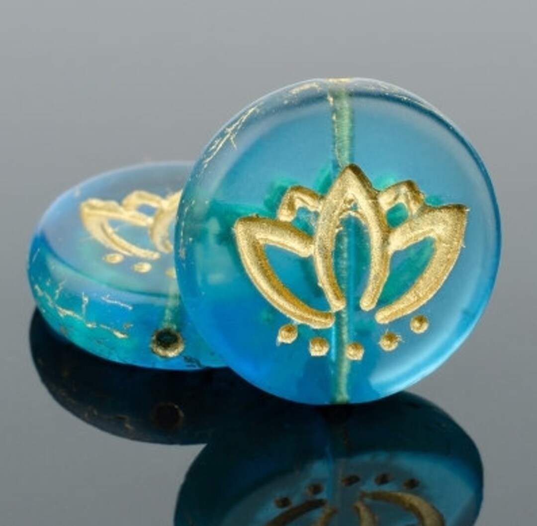Czech Glass Lotus Flower Coin Beads - Deep Aqua Blue Transparent Matte ...