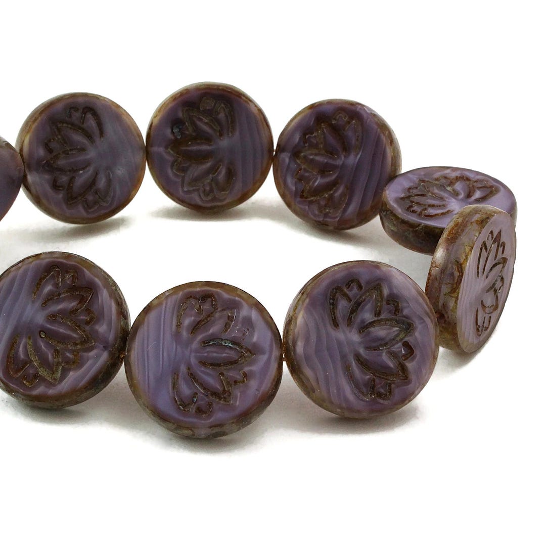 Czech Glass Lotus Flower Coin Beads - Purple Silk Stripe With Picasso ...