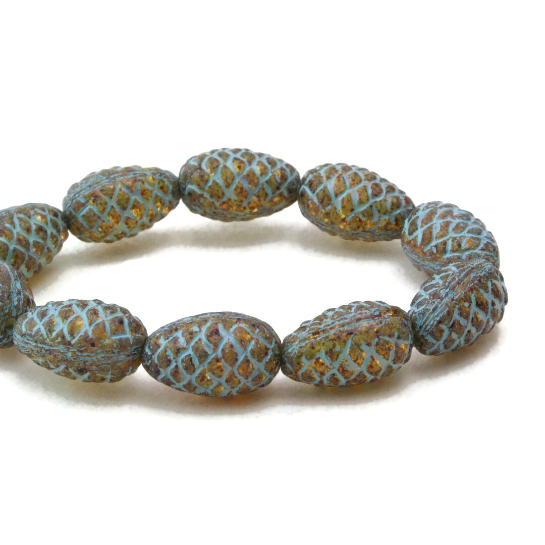 Czech Glass Pine Cone Beads - Amber Picasso Finish With Turquoise Wash ...