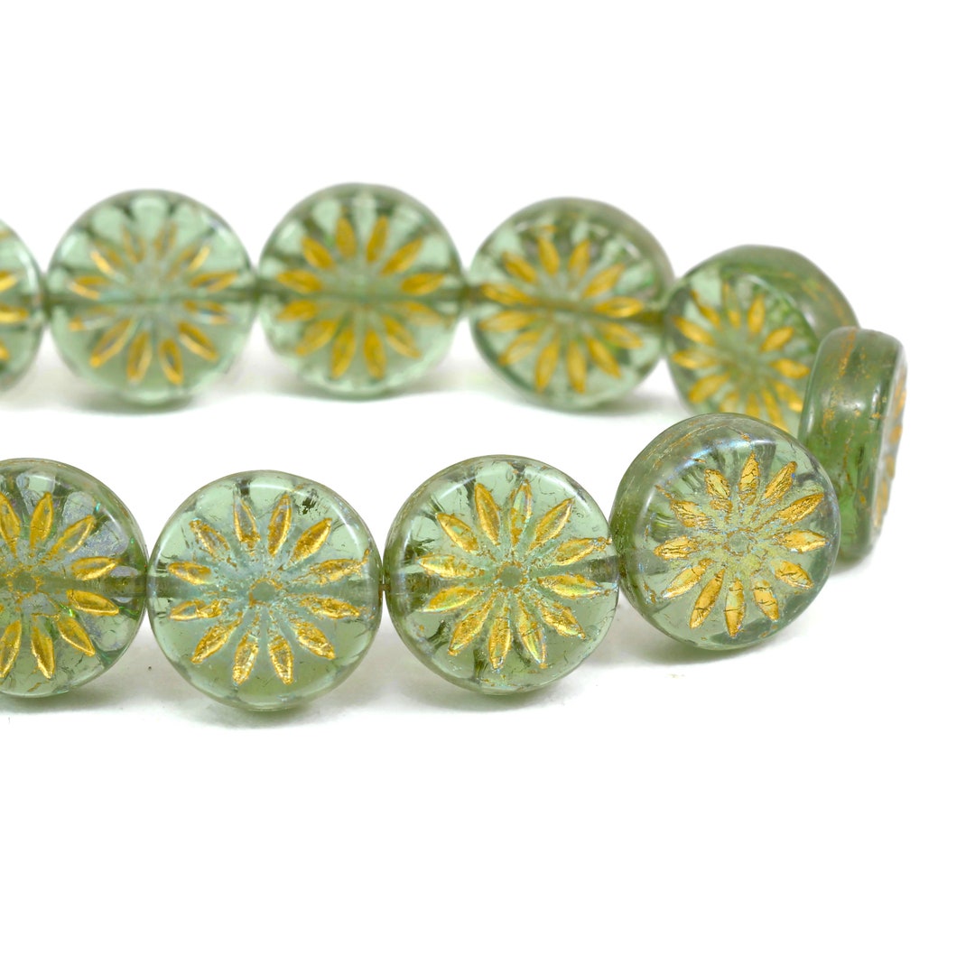 Czech Glass Aster Flower Coin Beads - Tourmaline Green Transparent With ...