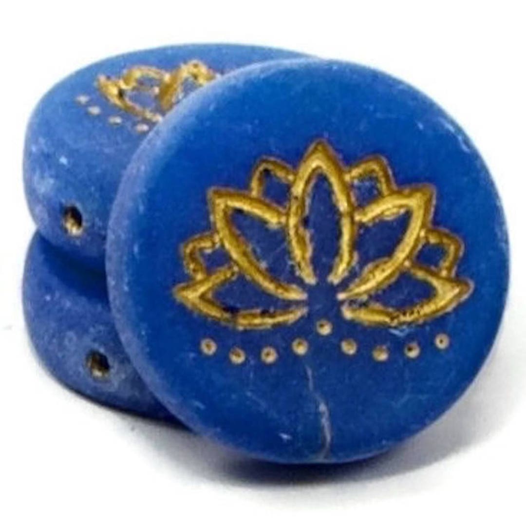 Czech Glass Lotus Flower Coin Beads - Lapis Blue Matte With Gold Wash ...