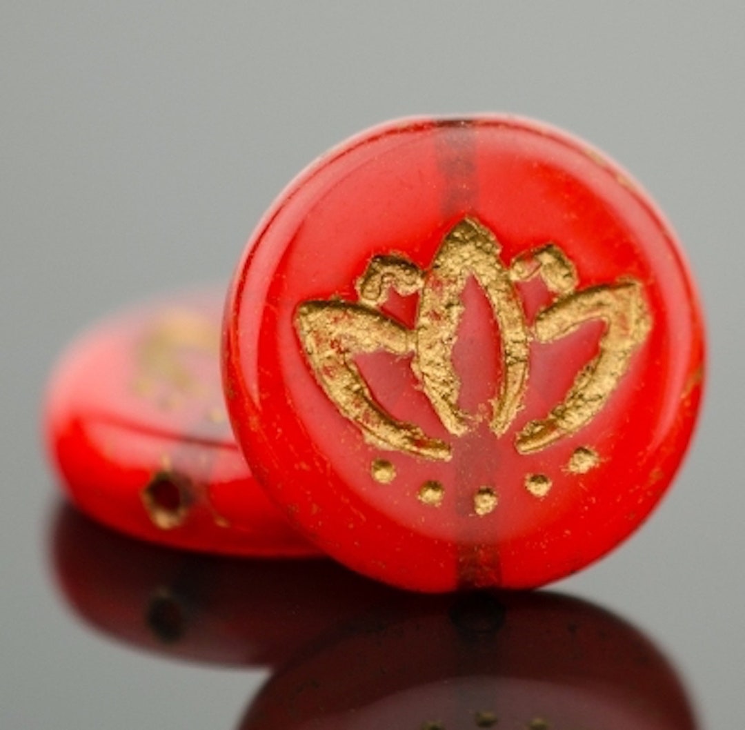 Czech Glass Lotus Flower Coin Beads - Burnt Orange Opaline With Dark ...