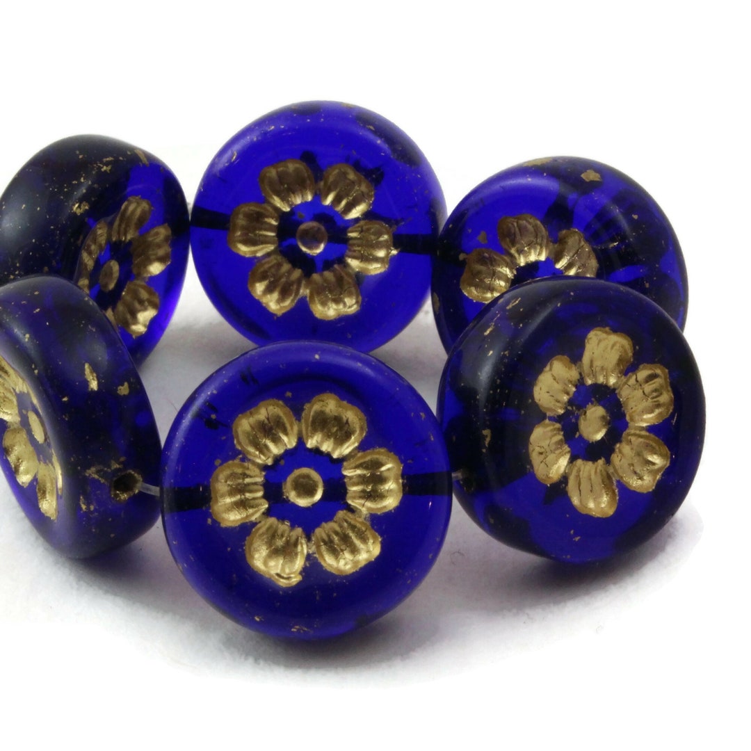 Czech Glass Flower Coin Beads - Cobalt Blue Transparent With Gold Wash ...
