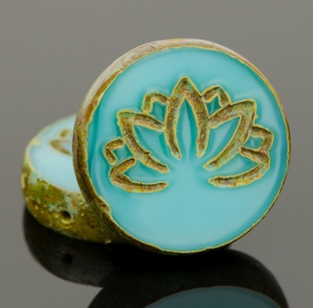 Czech Glass Lotus Flower Coin Beads - Turquoise Silk Picasso - 18mm ...