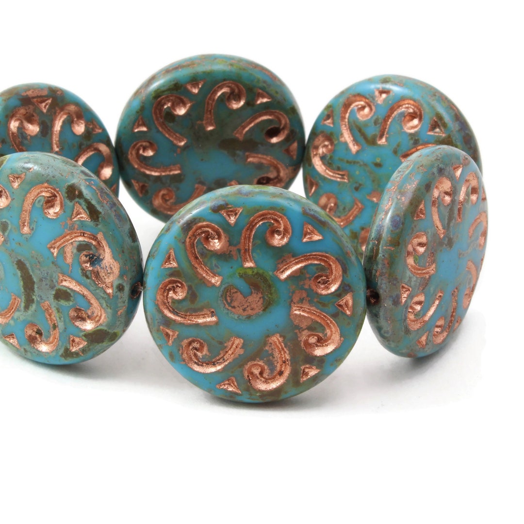 Czech Glass Sun Wheel Beads - Turquoise Blue Opaque With Picasso Finish ...