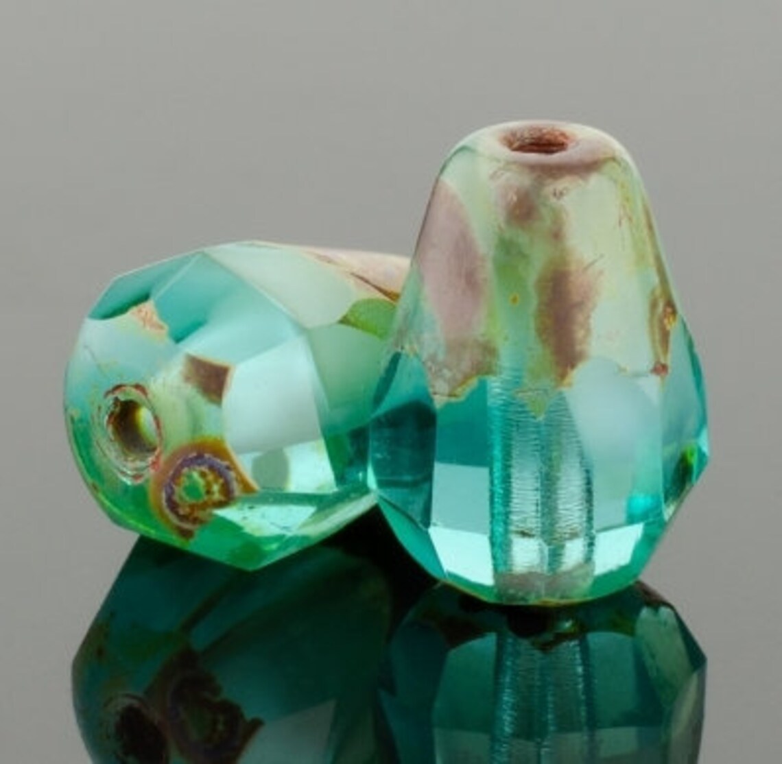 Czech Glass Bottom Cut Faceted Drop Beads - Aqua Green Transparent With ...