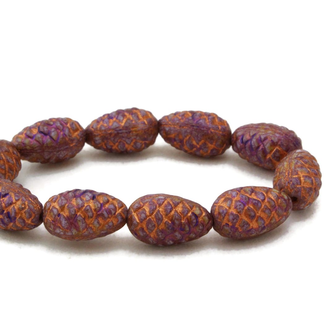 Czech Glass Pine Cone Beads - Purple Opaque Finish With Copper Wash ...