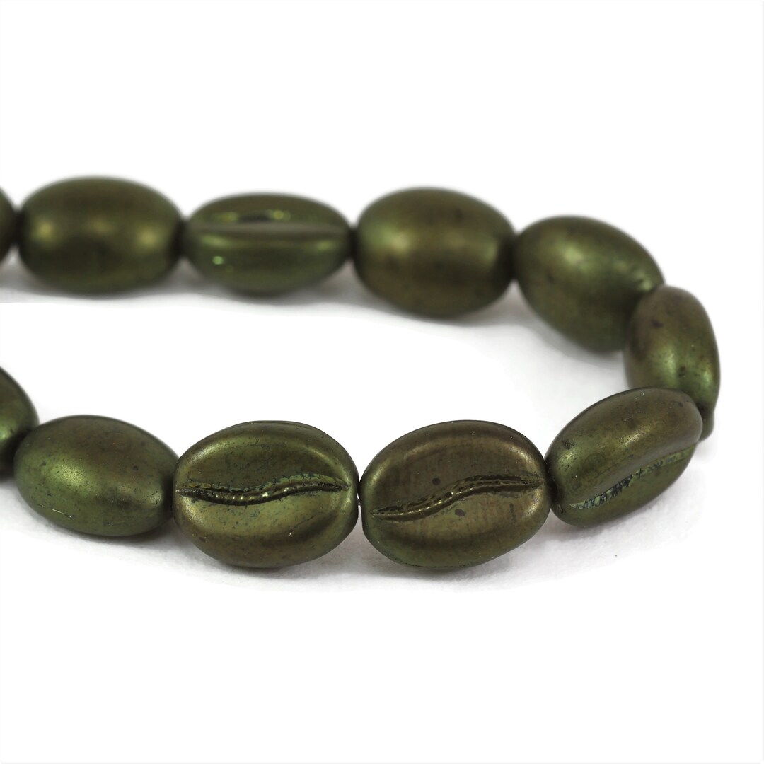 Czech Glass Coffee Bean Beads - Oval Shape Beads - Green Opaque With ...