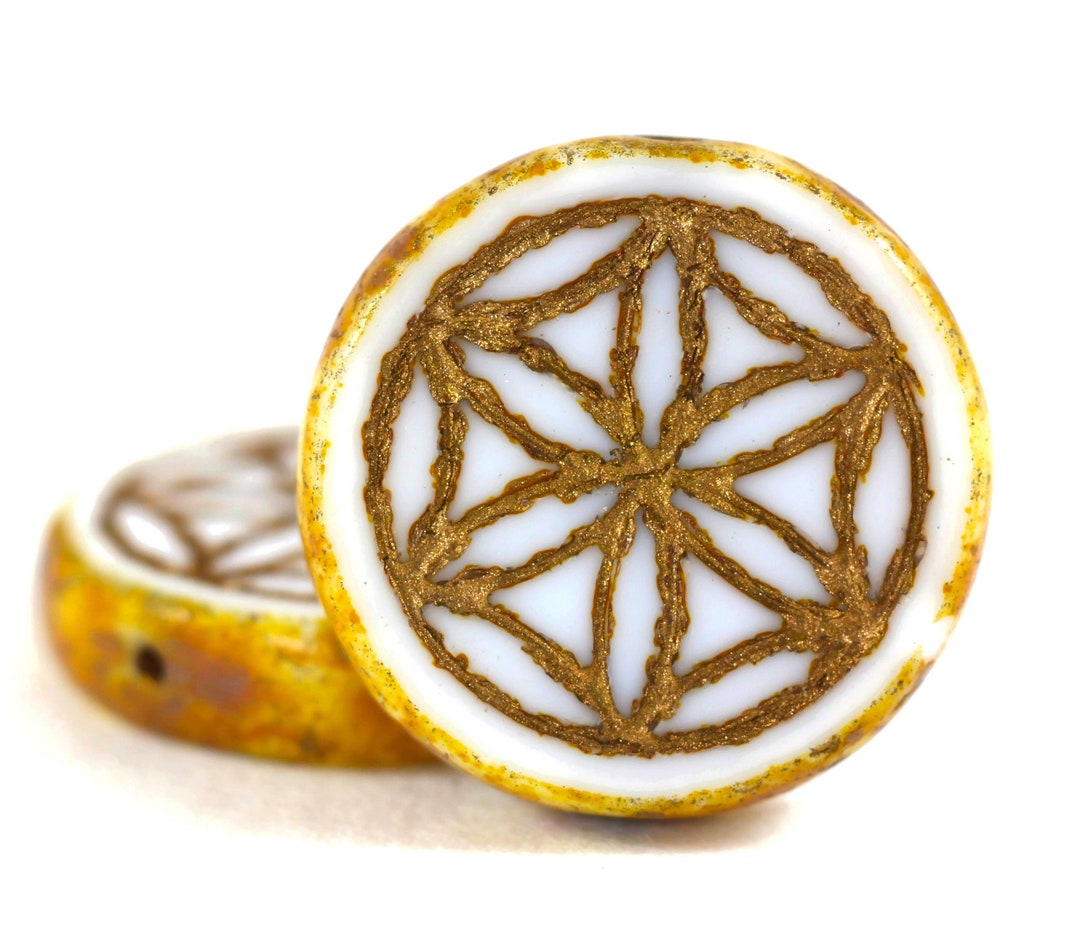 Czech Glass Flower of Life Coin Beads Geometric Symbols White With ...