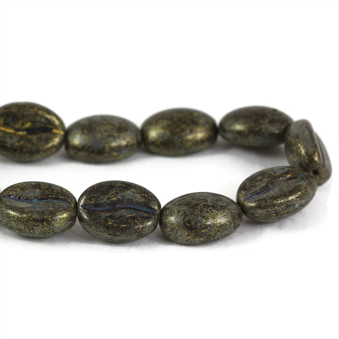 Czech Glass Coffee Bean Beads - Oval Shape Beads - Green Metallic Opaque With Marble Patina ...