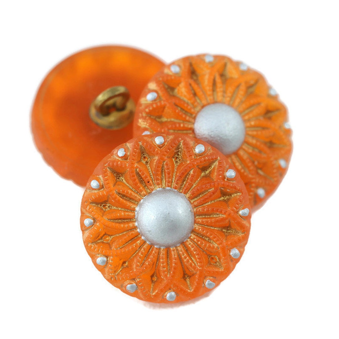 Czech Glass 18mm Round Collarette Flower Button - Matte Orange With ...