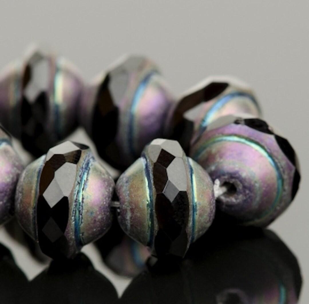 Saturn Beads Saucer Beads Czech Glass Beads Jet Opaque With Pink/green ...
