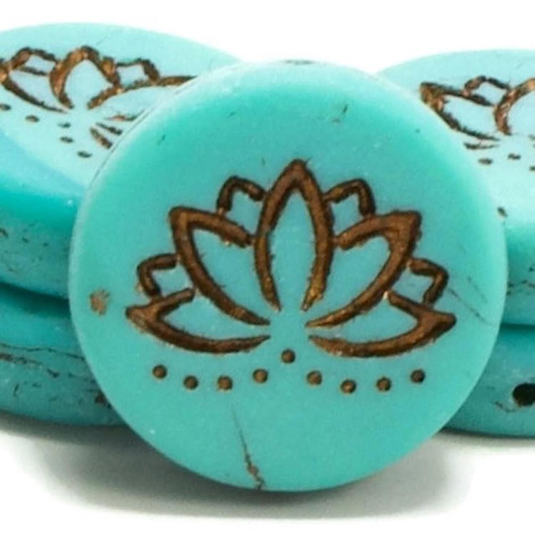 Czech Glass Lotus Flower Coin Beads - Turquoise Matte With Dark Bronze ...