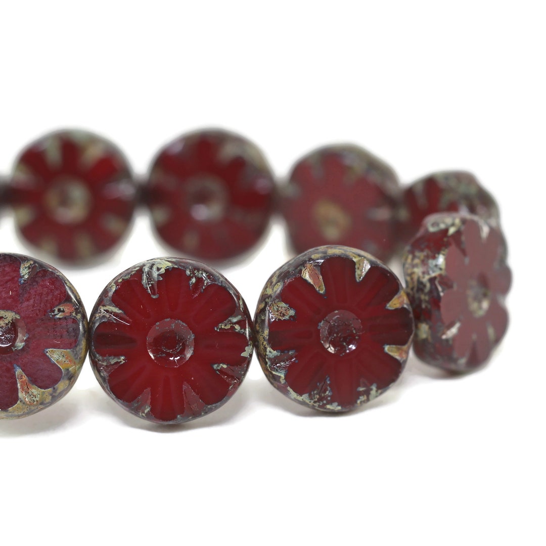 Czech Glass Beads Czech Coin Beads Czech Flower Beads Red Opal Opaline ...