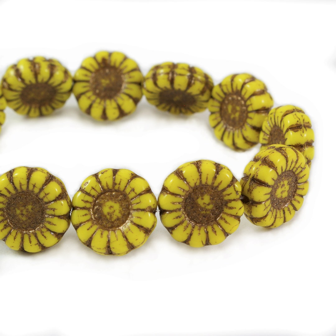 Czech Glass Sunflower Beads - Yellow Opaque With Dark Bronze Wash ...