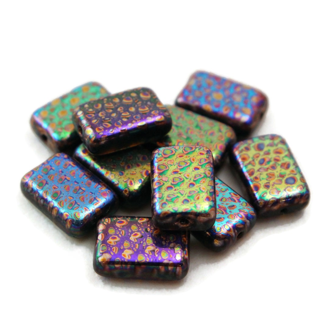 Czech Glass Rectangle Beads Jet Black Opaque With Multicolor Vitrail ...