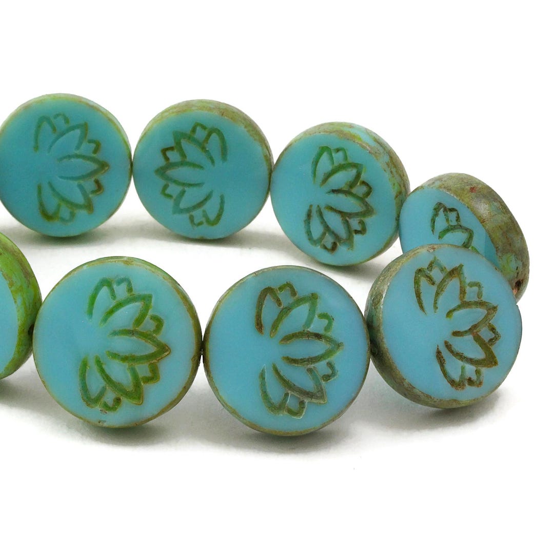 Czech Glass Lotus Flower Coin Beads - Blue Turquoise With Picasso ...