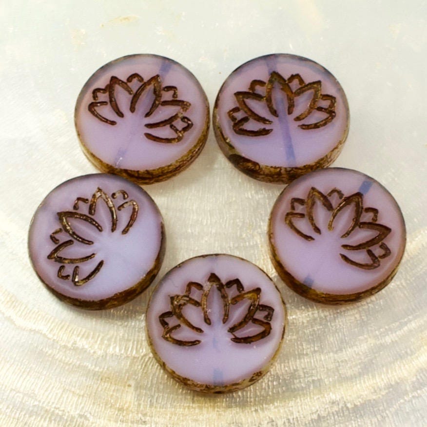 Czech Glass Lotus Flower Coin Beads - Glow Purple (lavender) With ...