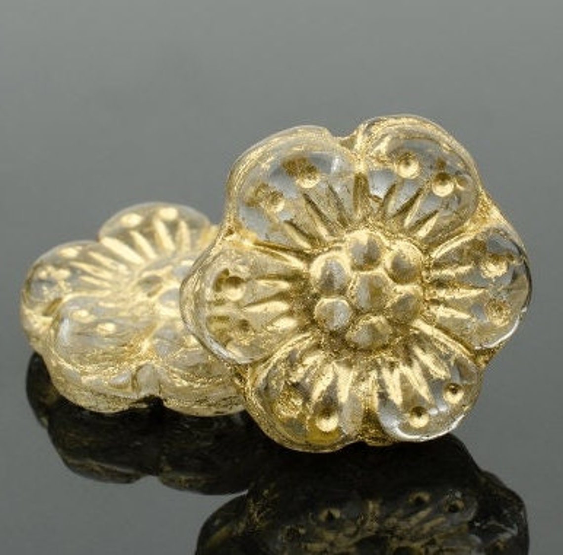 Czech Glass Wild Rose Flower Beads - Crystal Transparent With Gold Wash ...