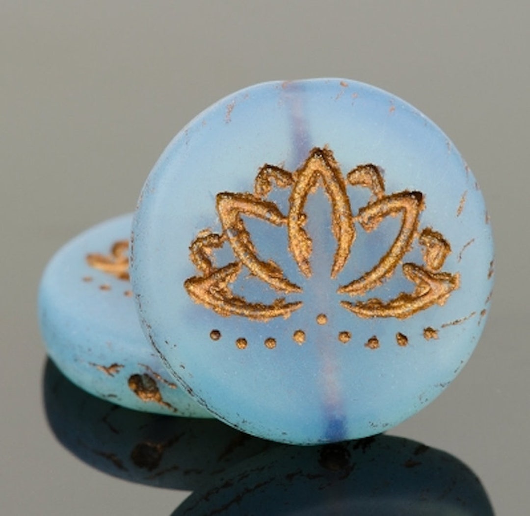 Czech Glass Lotus Flower Coin Beads - Light Blue Opaline Matte With ...