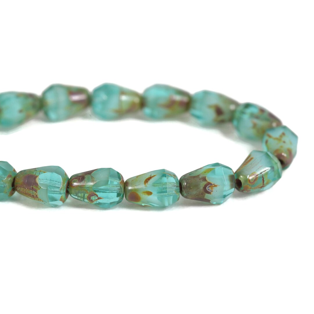 Czech Glass Bottom Cut Faceted Drop Beads - Aqua Green Transparent With ...