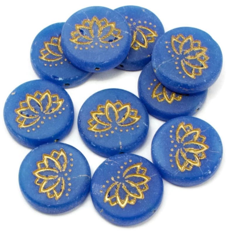 Czech Glass Lotus Flower Coin Beads - Lapis Blue Matte With Gold Wash ...
