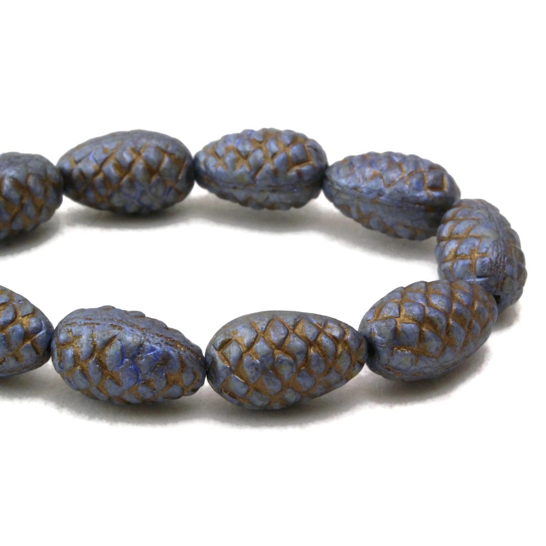 Czech Glass Pine Cone Beads - Stormy Sky Blue Opaque Finish With Dark ...