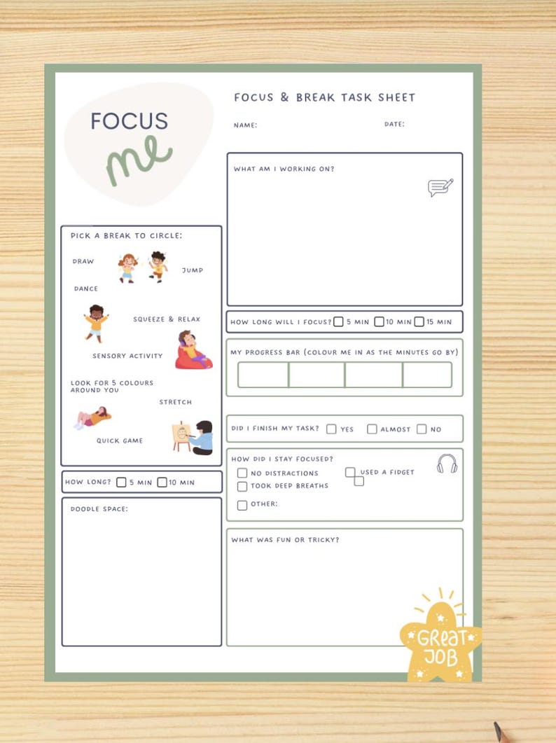 ADHD Focus & Break Task Sheet | Printable Focus Planner for Kids ...