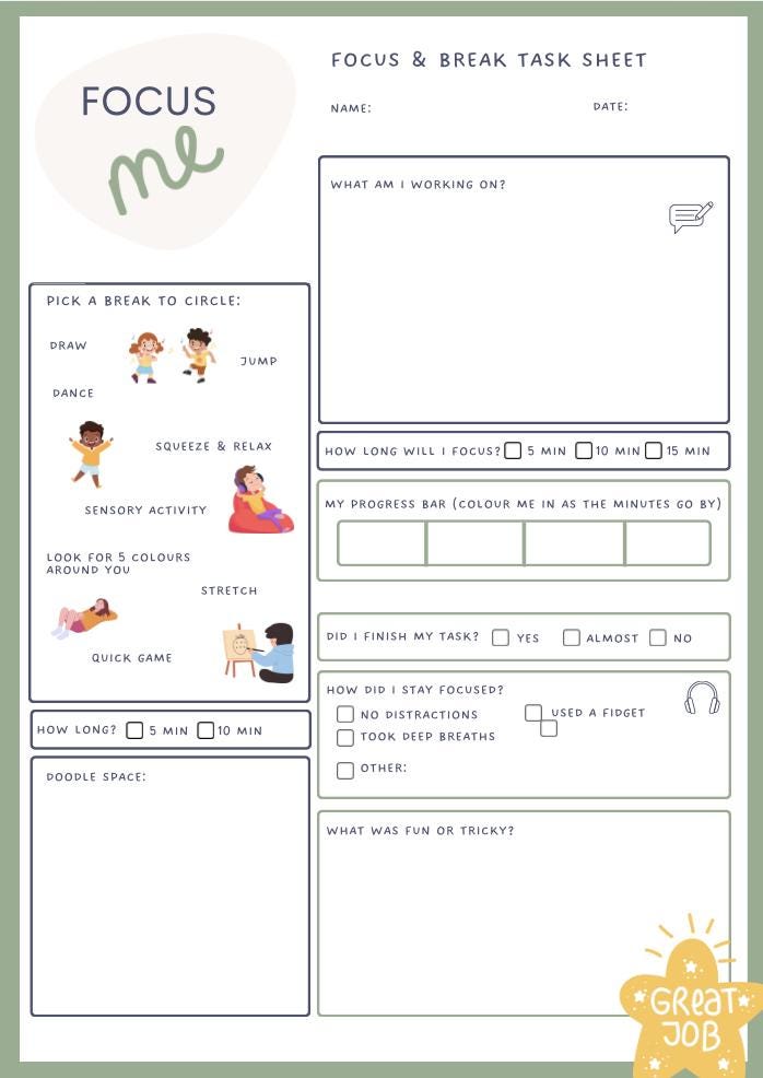 ADHD Focus & Break Task Sheet | Printable Focus Planner for Kids ...