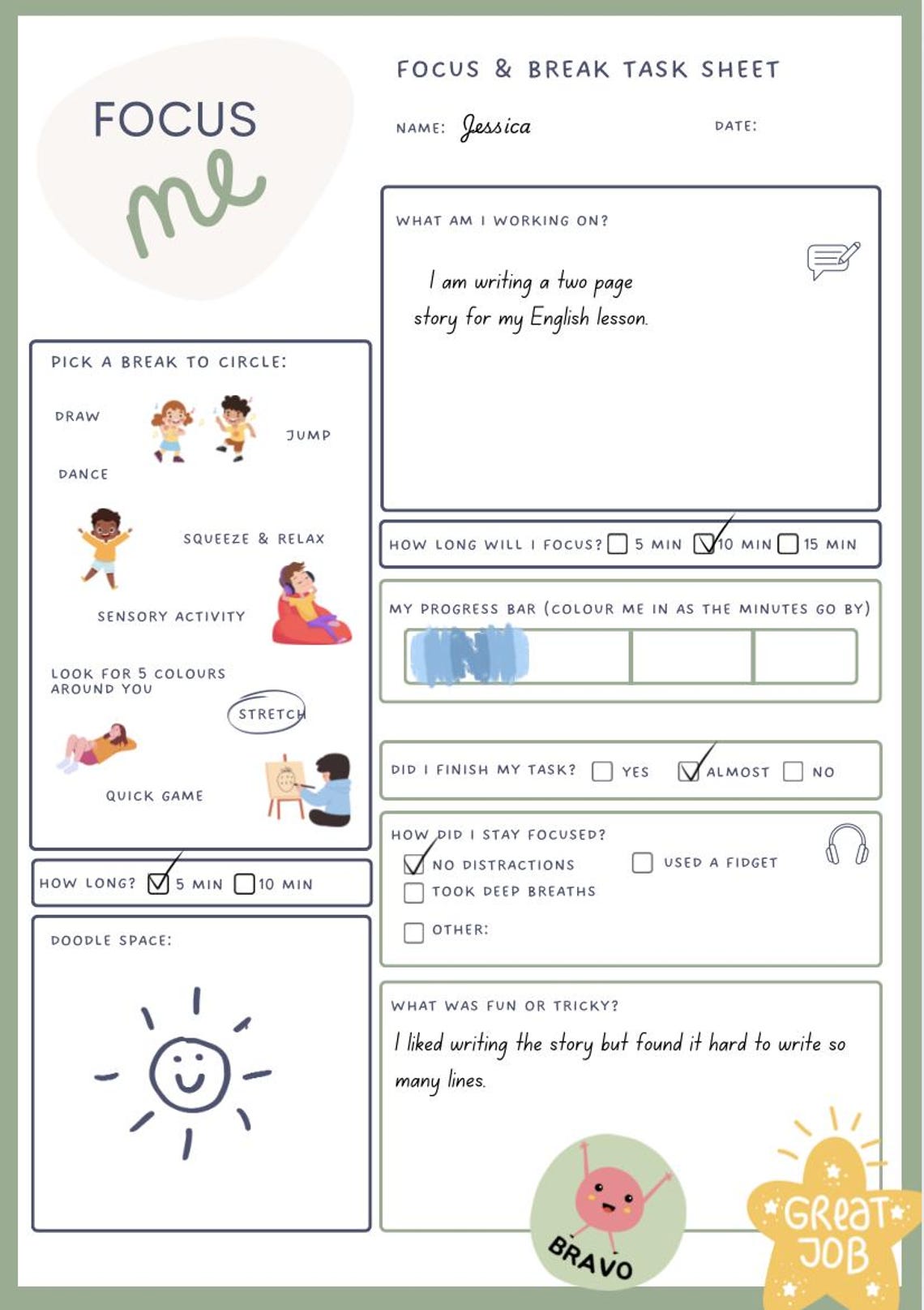 ADHD Focus & Break Task Sheet | Printable Focus Planner for Kids ...