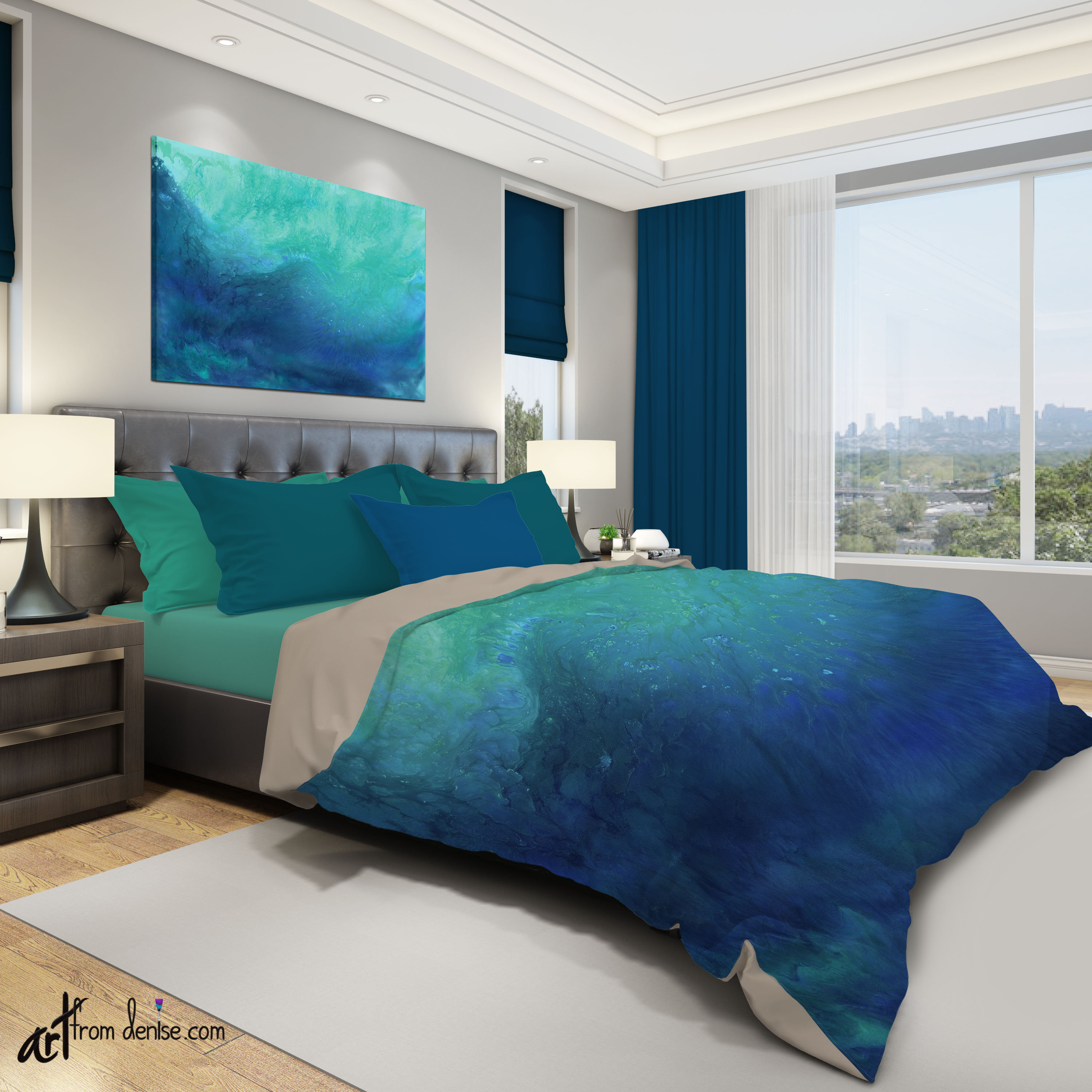 Navy aqua blue and teal shower curtain Abstract fabric | Etsy