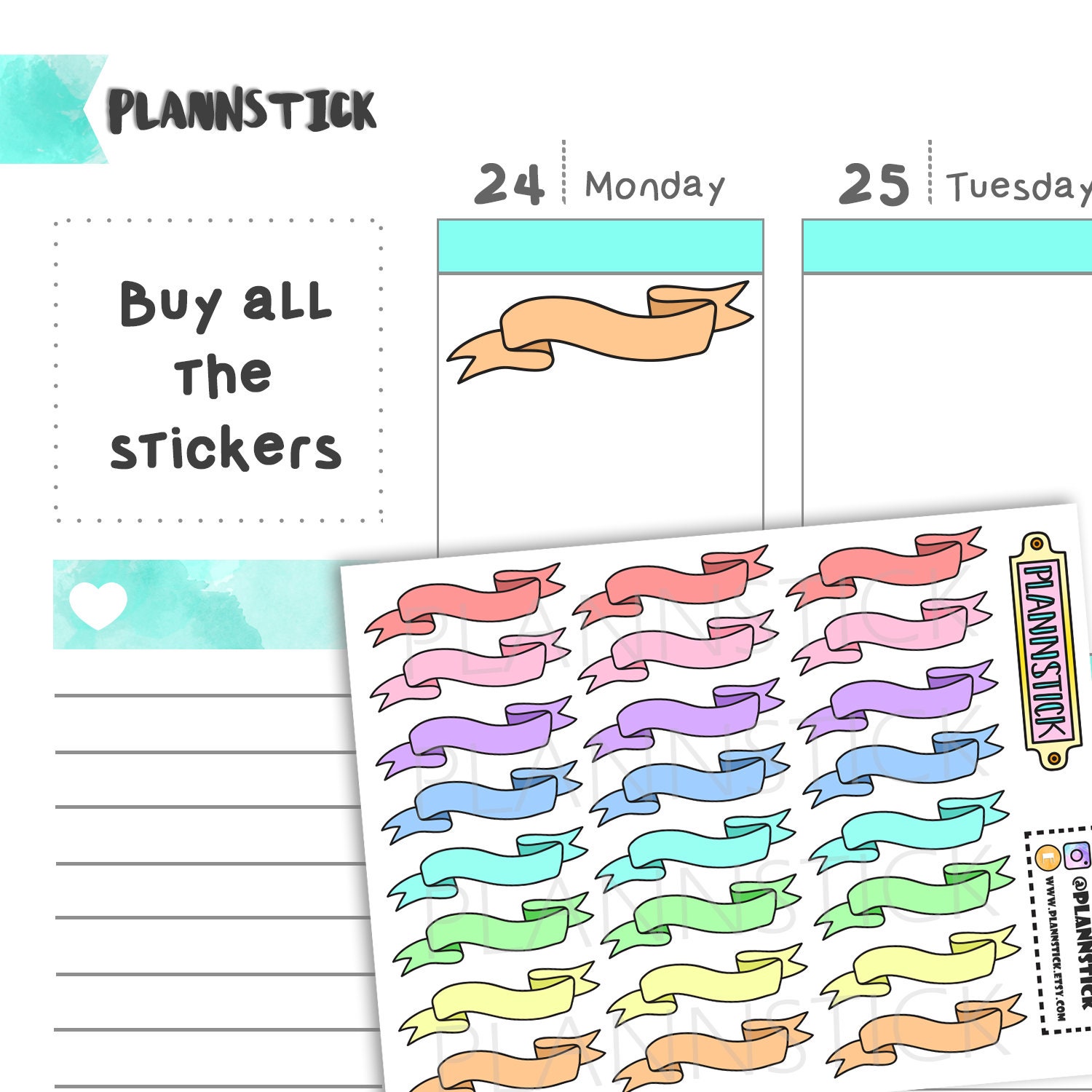 Colorful Ribbon Banner Stickers Planner Stickers Hand Drawn | Etsy