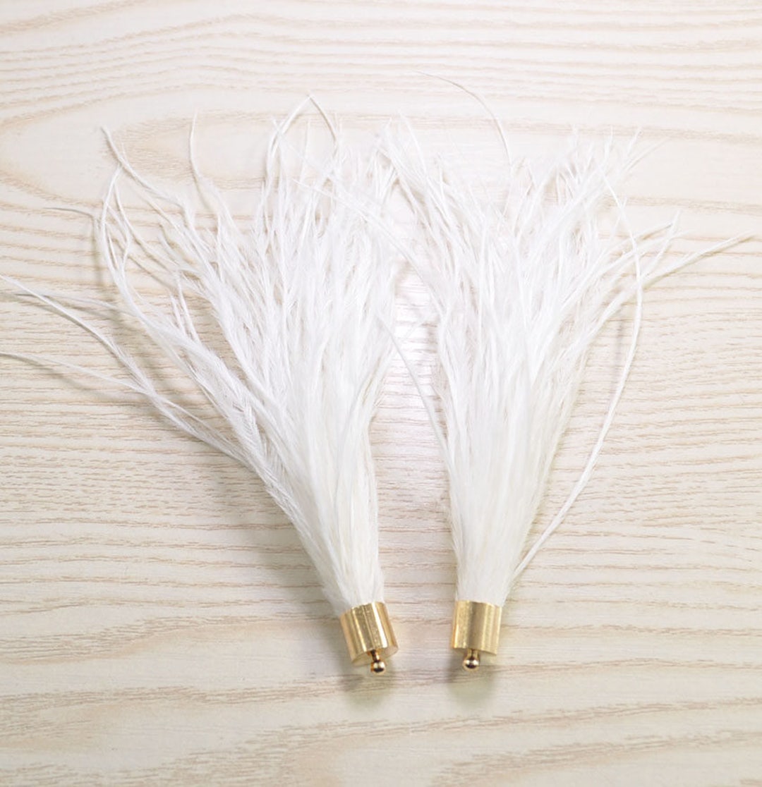Feather Tassels,2pcs White Ostrich Feather Tassels With Gold Metal Cap ...