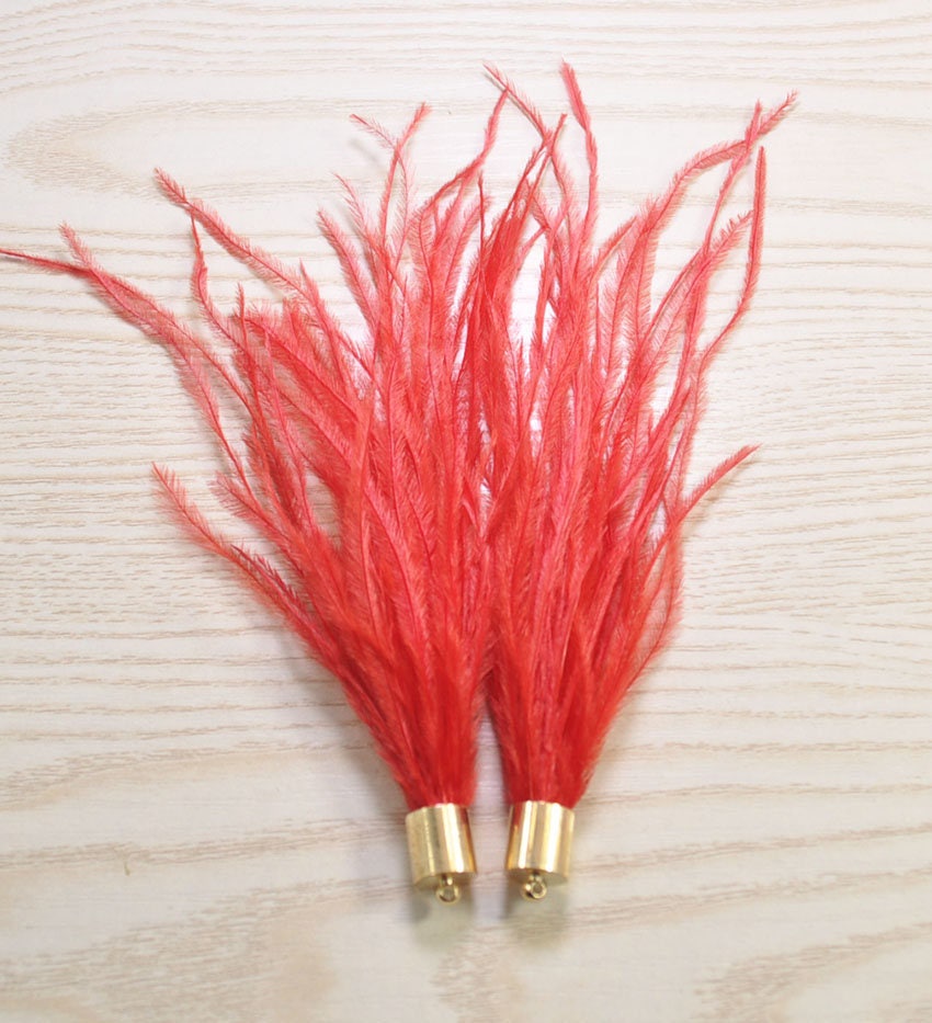 Feather Tassels2pcs Red Ostrich Feather Tassels With Gold - Etsy